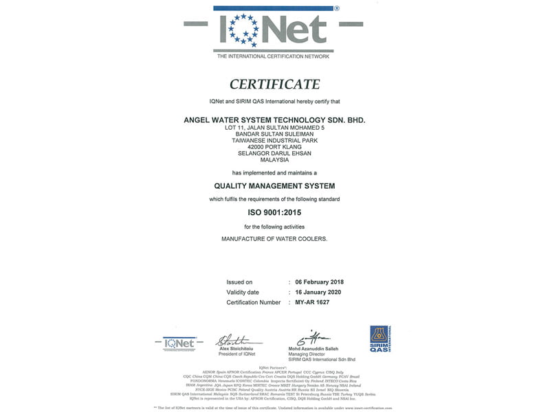 IQ Net certificate (ISO 9001.2015) - Angel Water System Technology